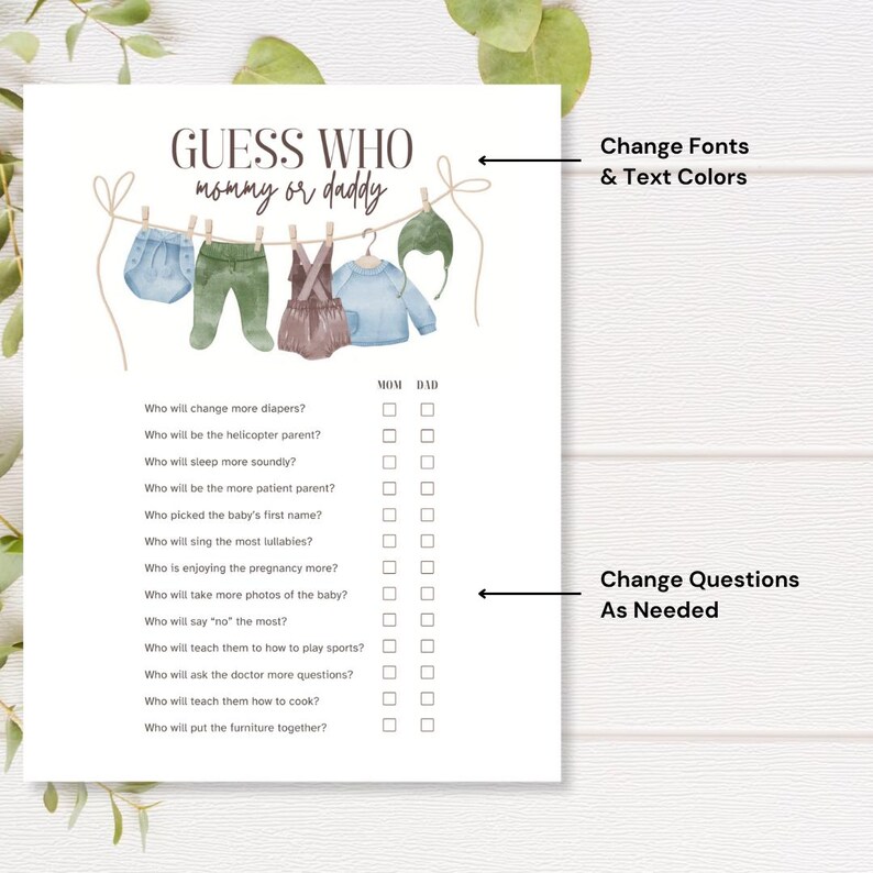 Watercolor Baby Shower Game: Guess Who Clothespin Game (printable ...