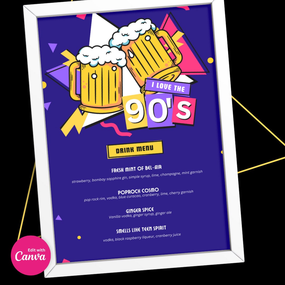90's Party Editable Drink Menu Template, 90's Hip Hop Birthday Party ...