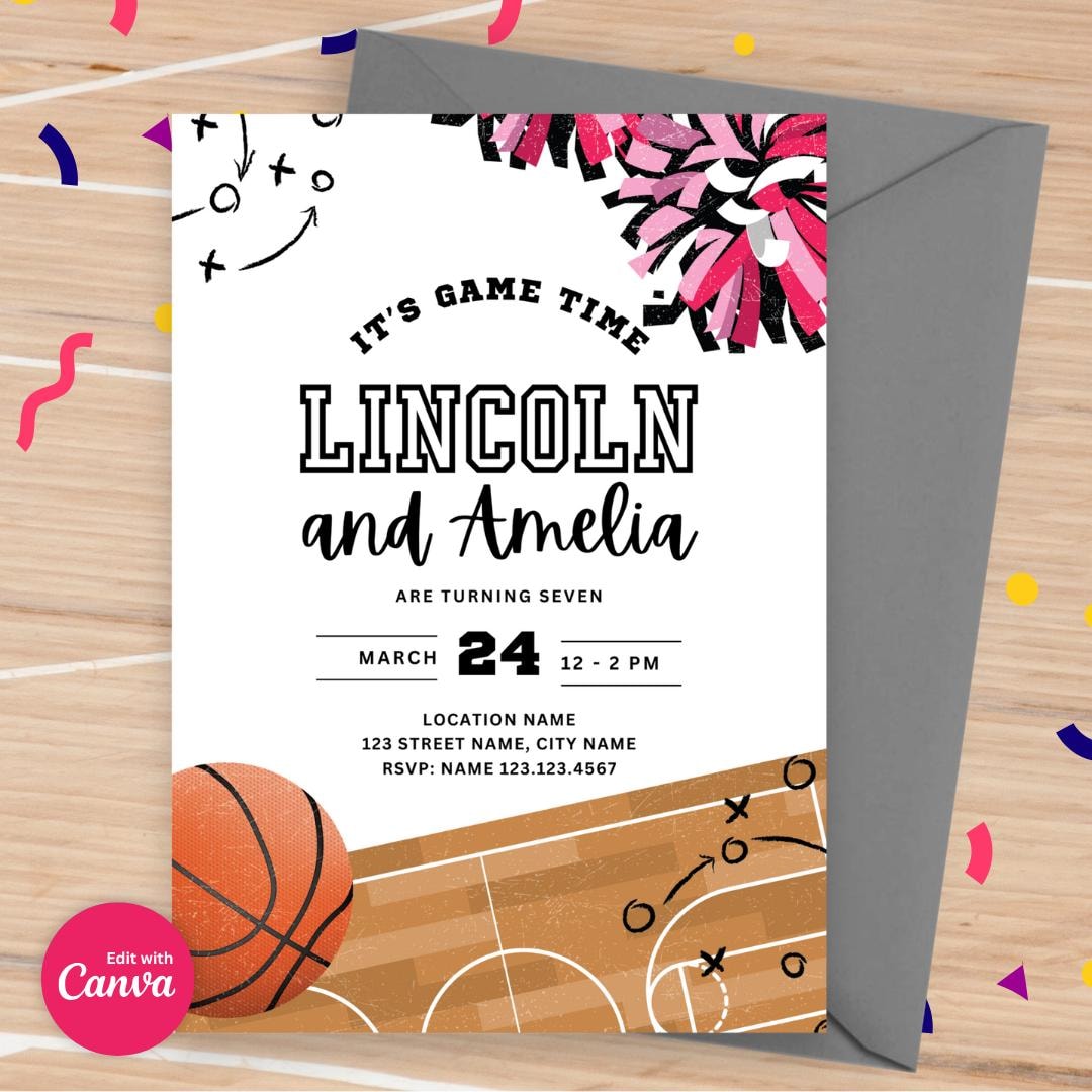 Basketball and Cheer Editable Birthday Party Invitation, Sibling ...