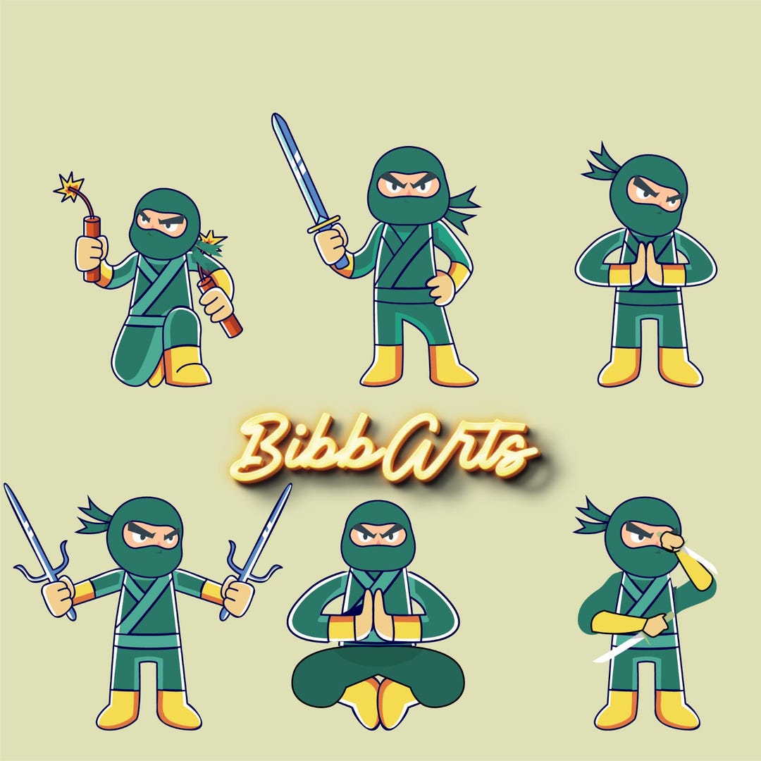 Flat Ninja Character Collection: Cute Cartoon Fighters in Action Asian ...