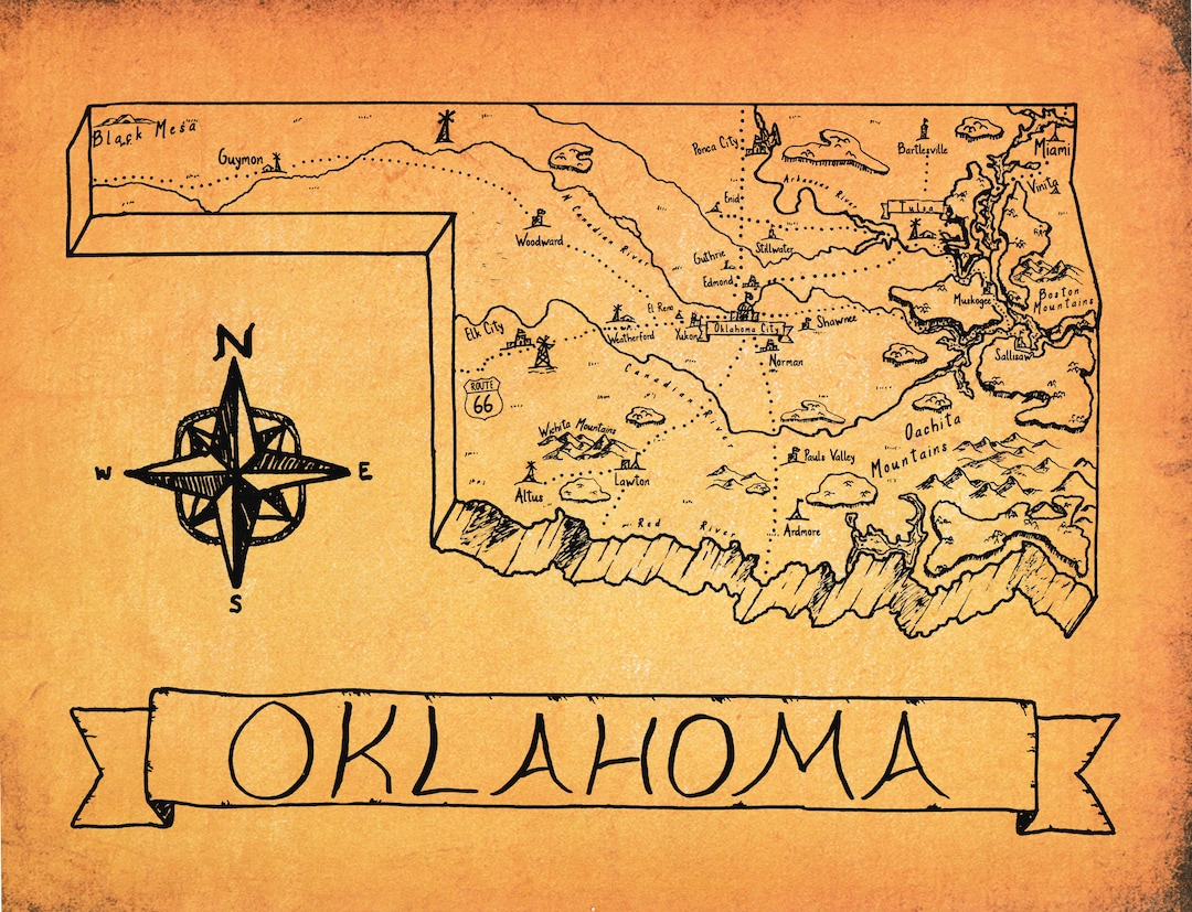 Old Style Oklahoma Map (hand Drawn) - Etsy