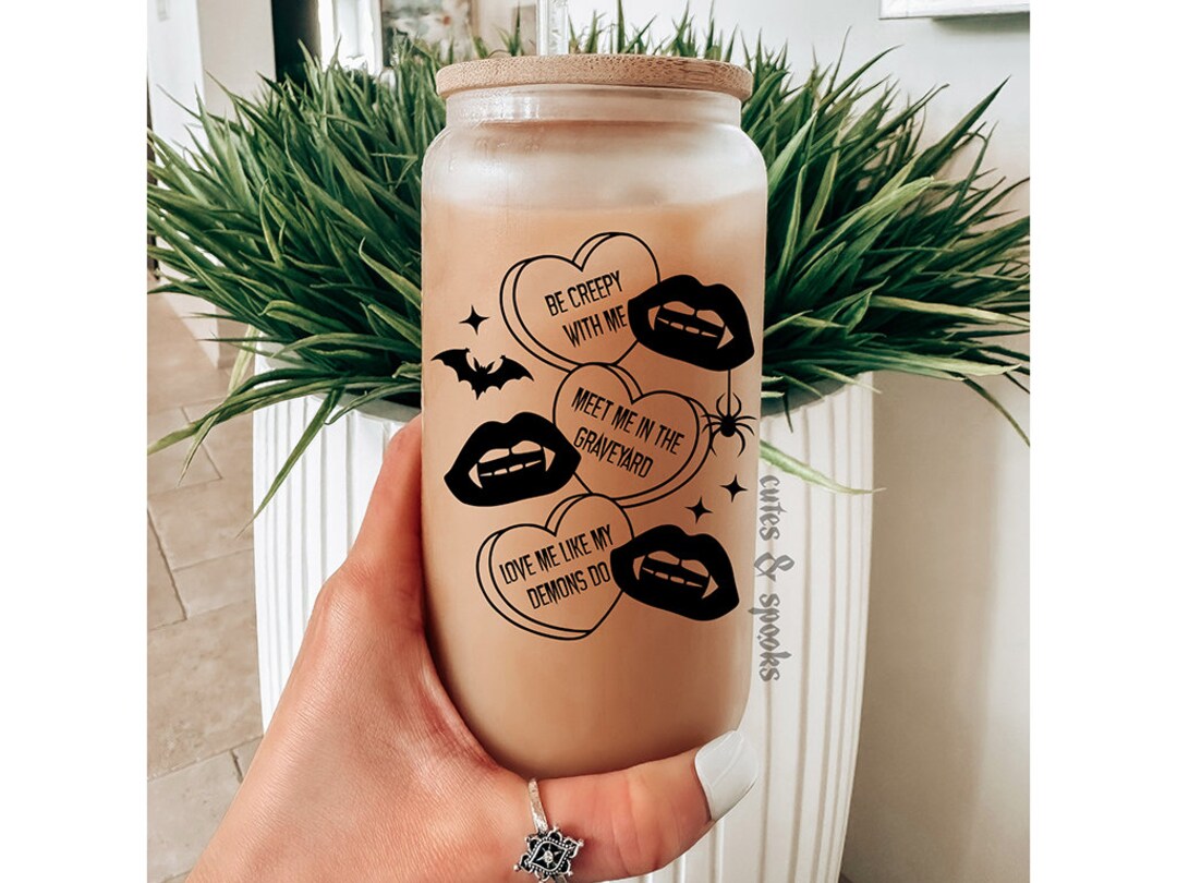 Vampire Fangs Frosted Glass Cup, 16oz Glass Cup, Goth Cup, Spooky Cup ...