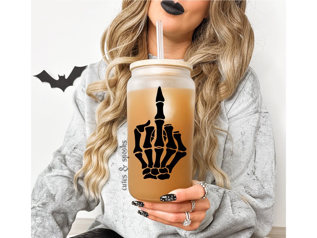 Middle Finger Skeleton Frosted Glass Cup: Goth Spooky Iced Coffee Cup ...