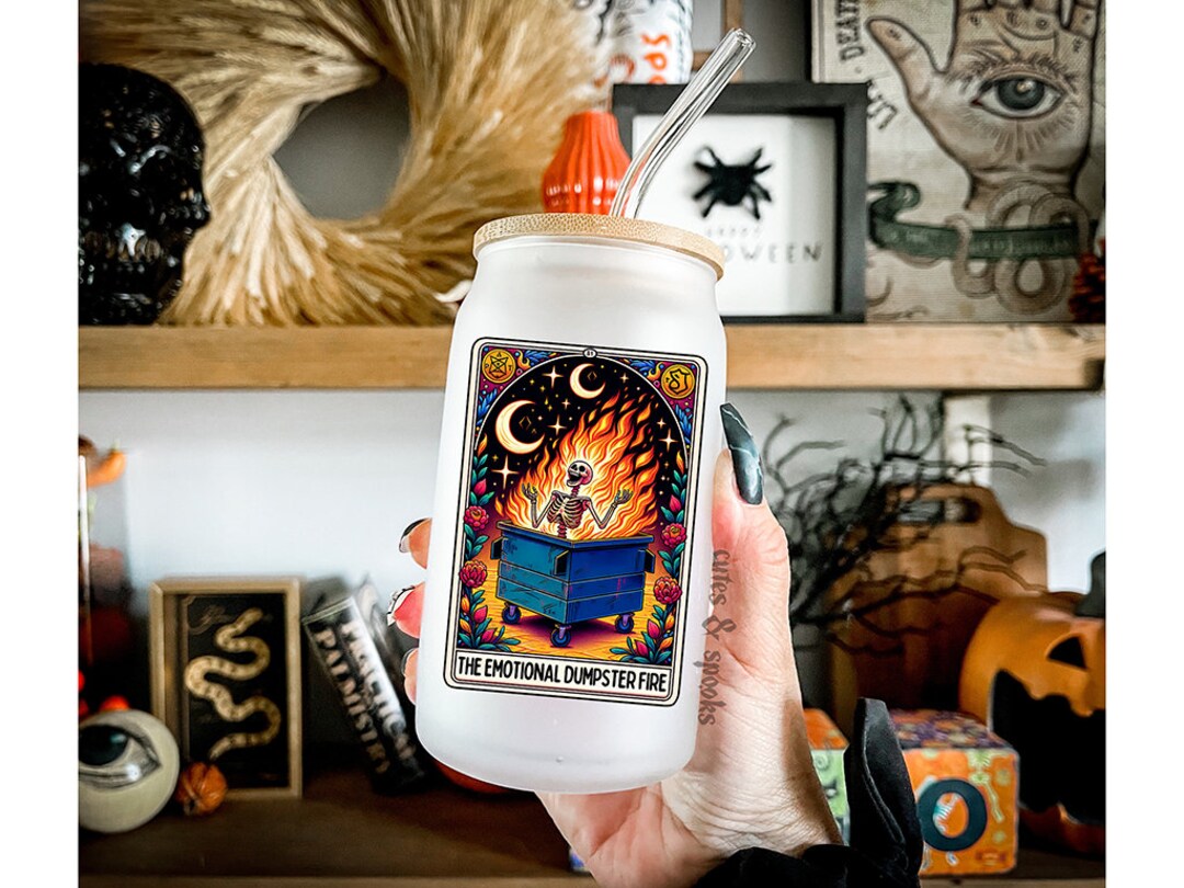 Emotional Dumpster Fire Frosted Glass Cup, 16oz Glass Cup, Tarot, Goth ...