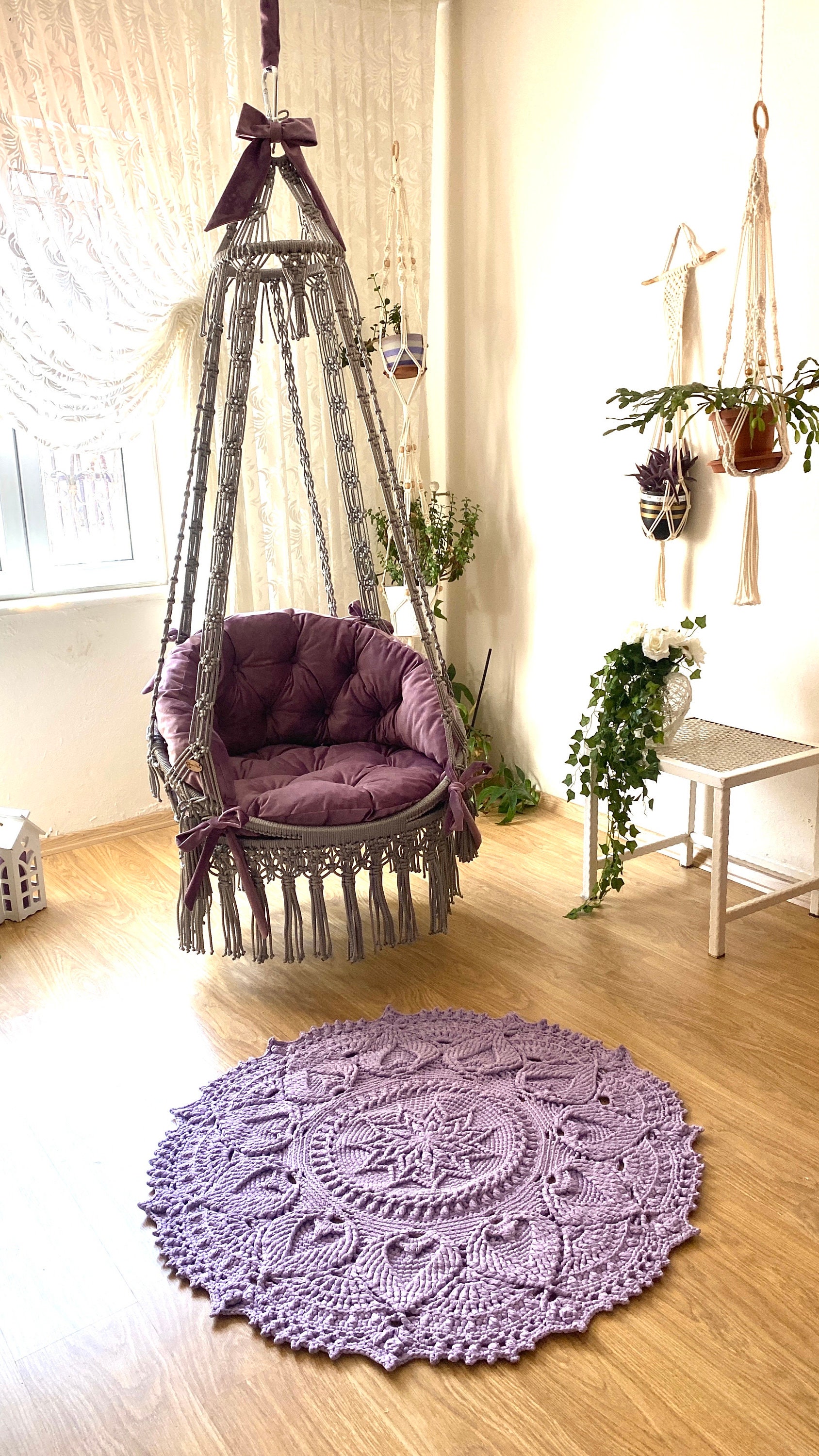 Gray Macrame Swing Chair,purple Cushioned Macrame Swing,hangesessel ...