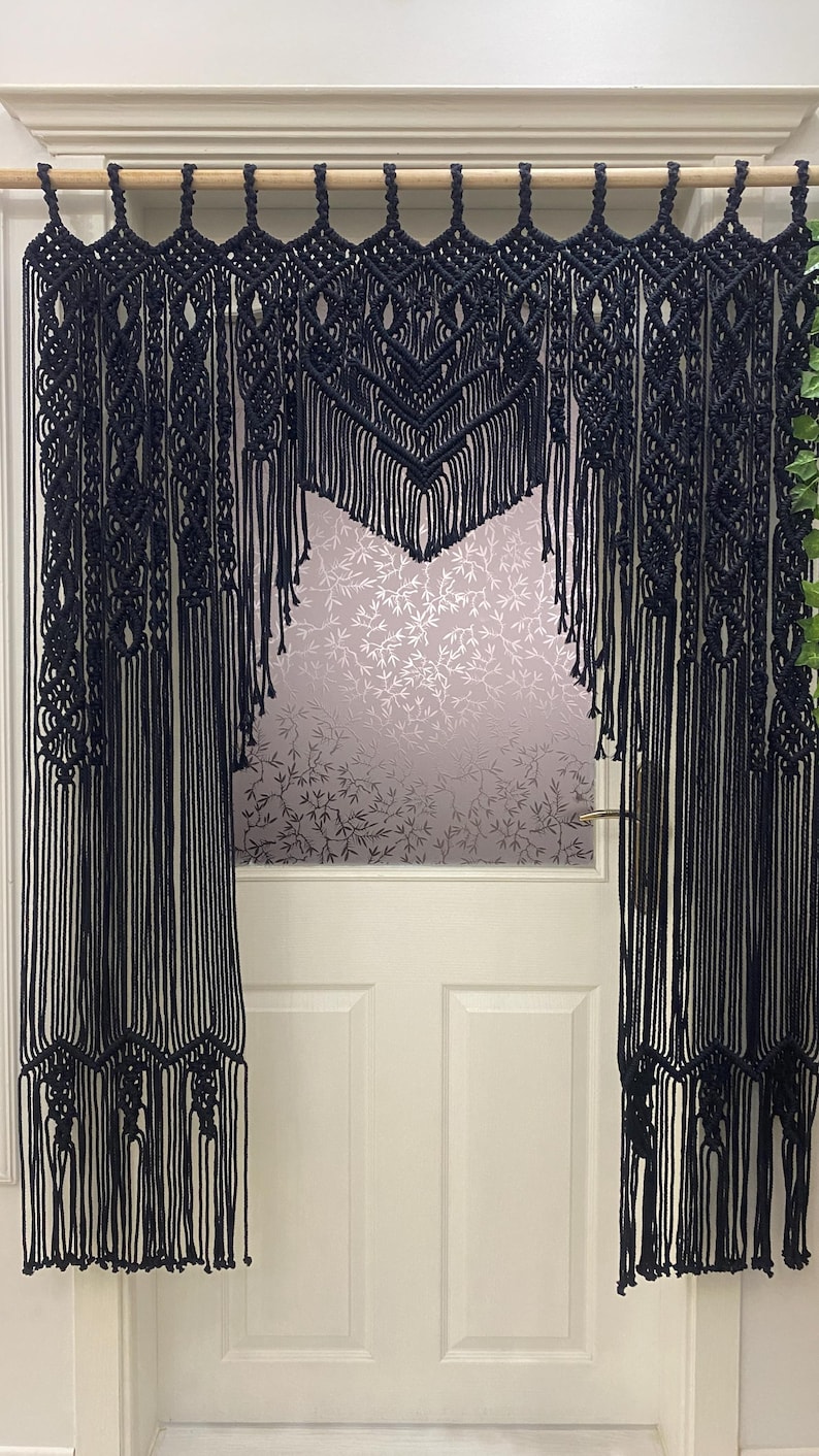 Handcrafted Macrame Curtain: Boho Window or Door Hanging, Black Curtain ...