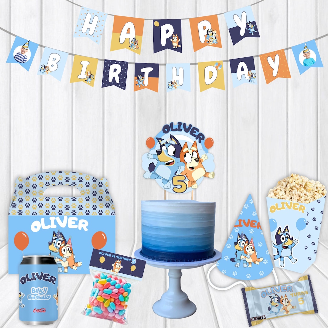 Boy Bluey Editable Party Pack, Cake Topper, Gable Box Label Template ...