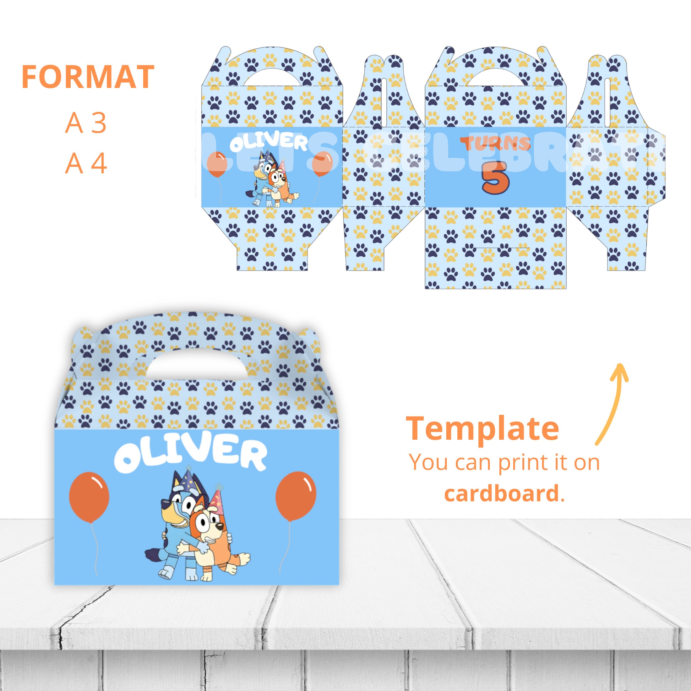 Boy Bluey Editable Party Pack, Cake Topper, Gable Box Label Template ...