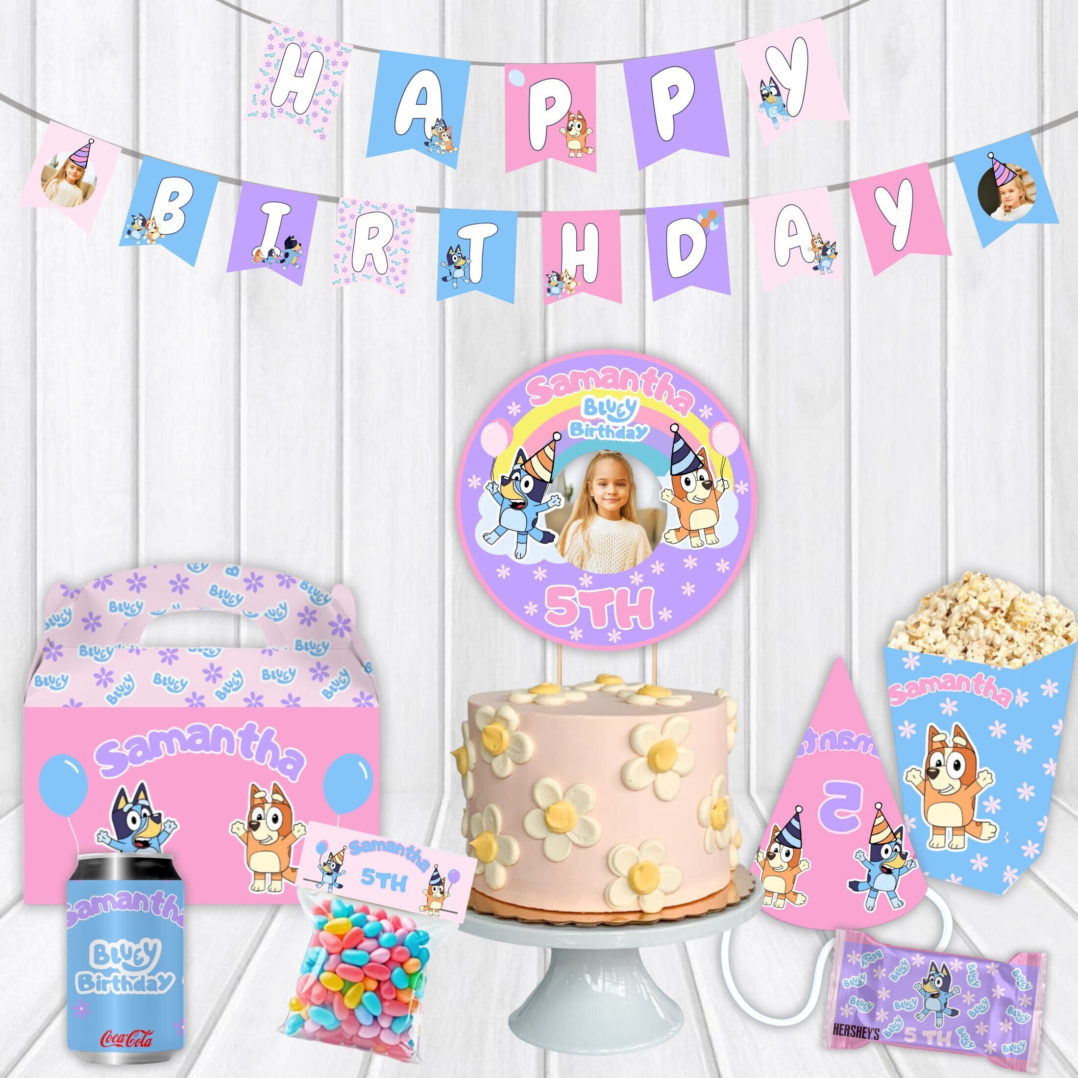 Girl Bluey Editable Party Pack, Cake Topper, Gable Box Label Template ...