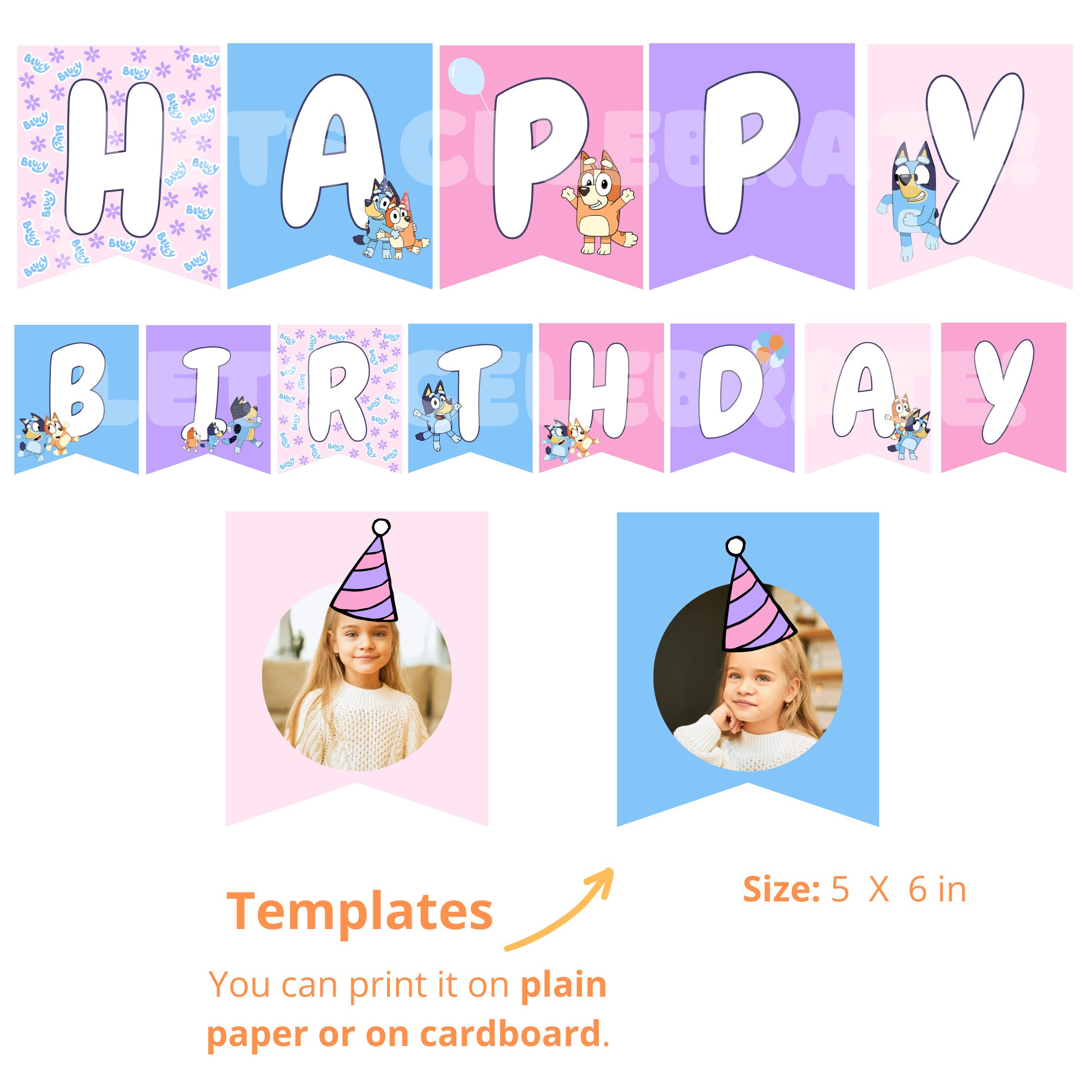 Girl Bluey Editable Party Pack, Cake Topper, Gable Box Label Template ...