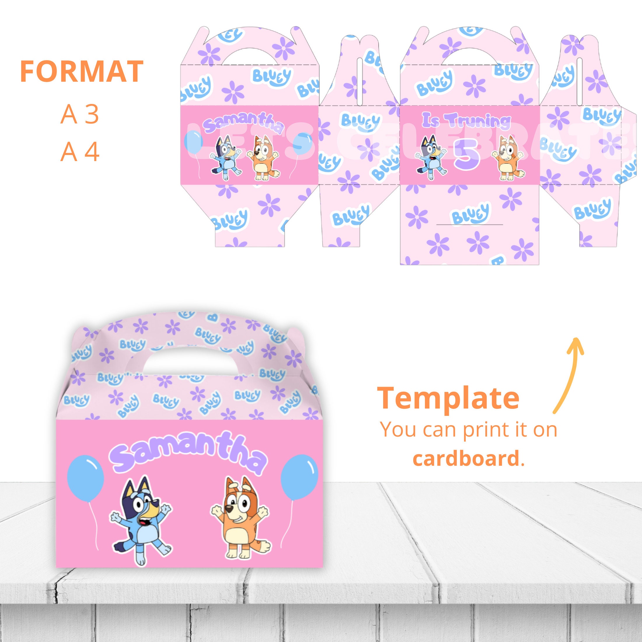 Girl Bluey Editable Party Pack, Cake Topper, Gable Box Label Template ...