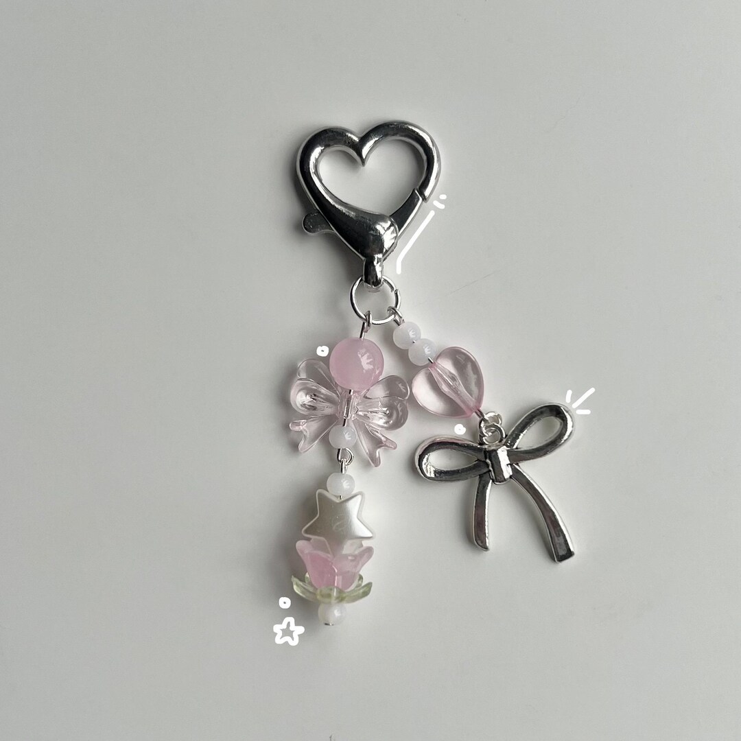 Pink Heisei Retro Glass Heart Bow Dtdeco Trinket Keychain