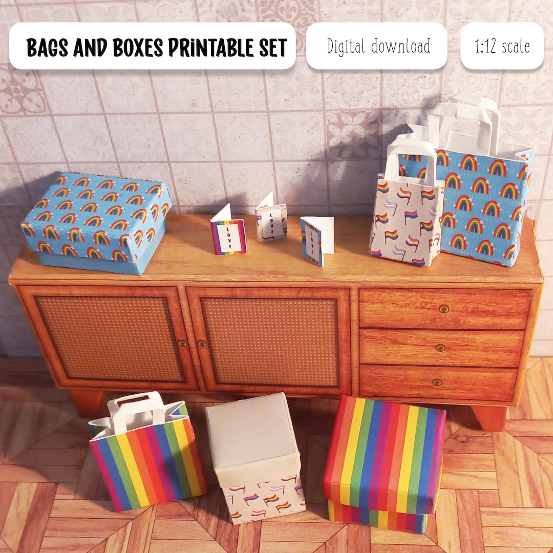 Miniature Gift Boxes, Set of Boxes for 1:12th Dollhouse, Rainbow Bags ...