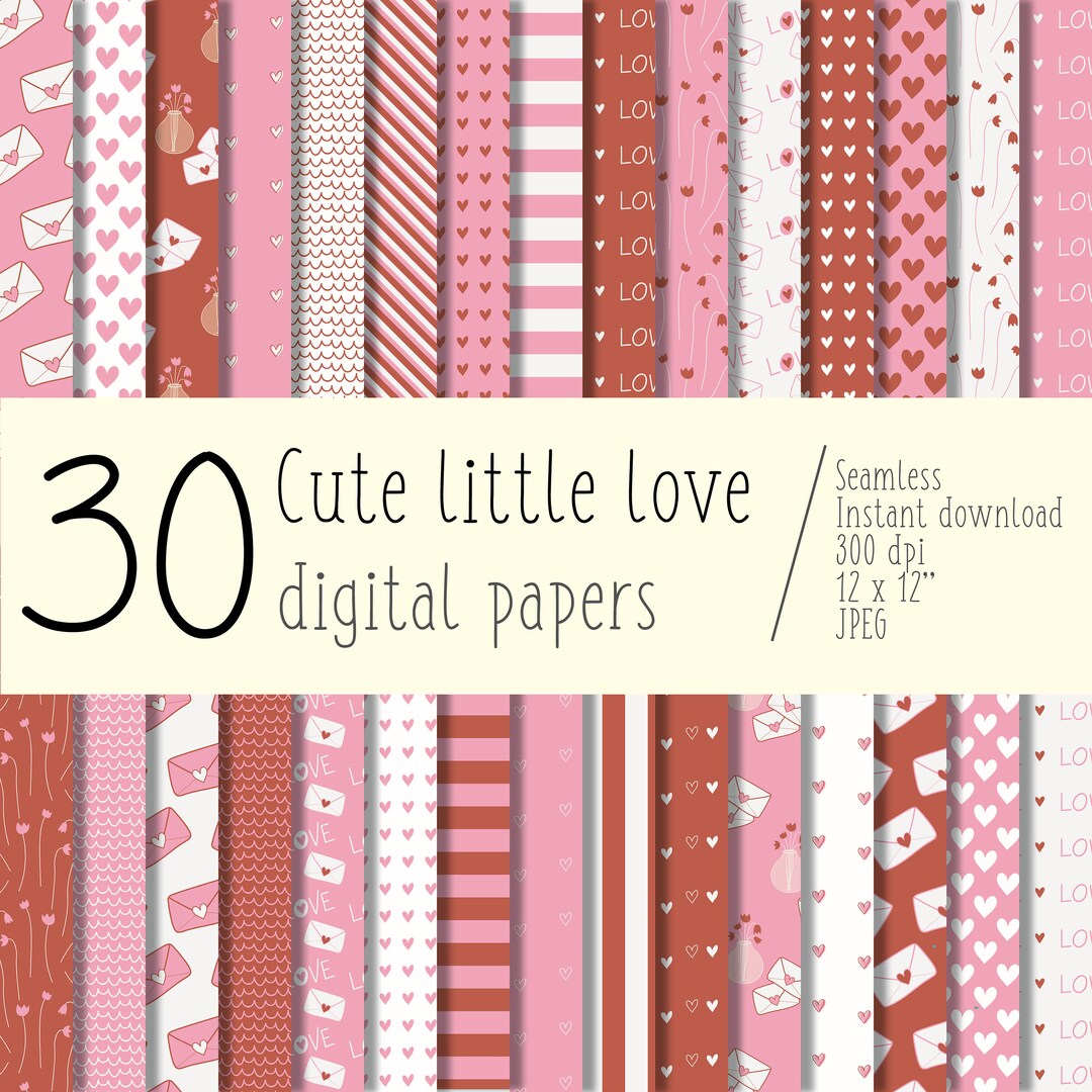 Cute Little Love Digital Paper, White, Red and Pink Love Seamless ...