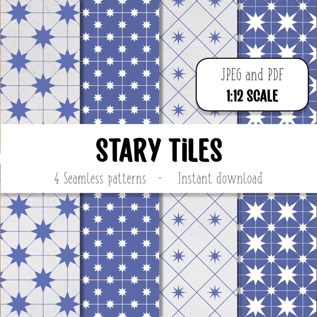 Digital Paper Dollhouse Miniature Tiles, Blue Star Tiles, Digital Print ...
