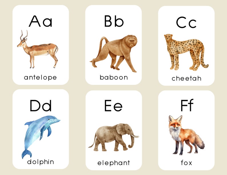 Wild Animal Alphabet Flash Cards, Montessori Materials, A-Z Cards ...