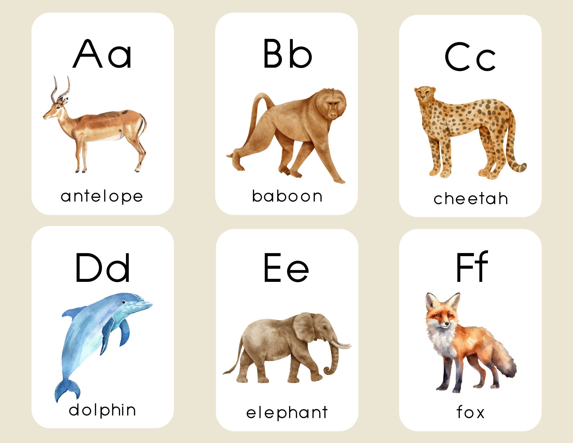 Wild Animal Alphabet Flash Cards, Montessori Materials, A-Z Cards ...