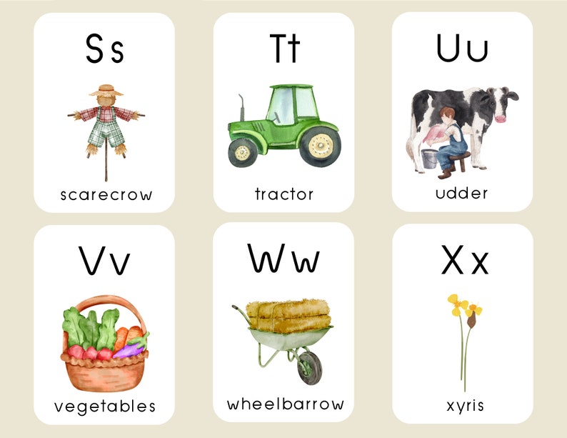 On the Farm Alphabet Flash Cards, Montessori Materials, A-Z Cards ...