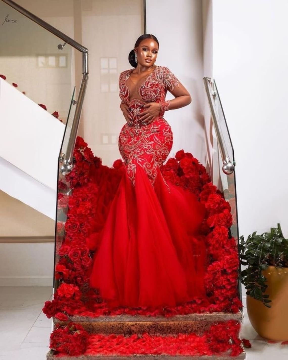 Red Mermaid Luxury Dress Embellished Floor Length Satin Mermaid Prom ...