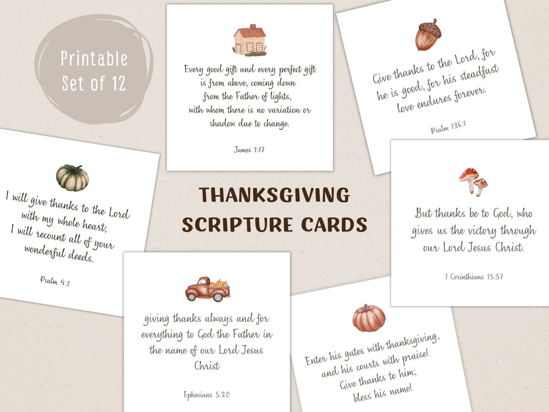 Thanksgiving Scripture Cards Printable, 12 Thankful Bible Verse Card ...