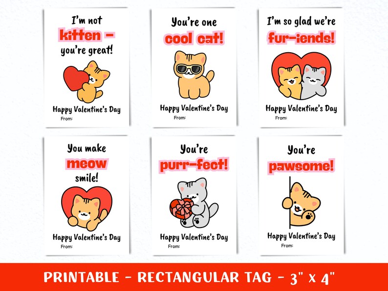 Printable Cats Valentine's Day Cards, Valentine Exchange Cards Tags ...