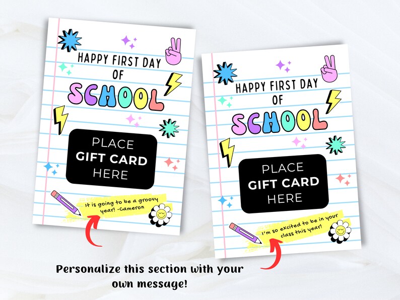 Printable Happy First Day of School Gift Card Holder, Bright Groovy ...