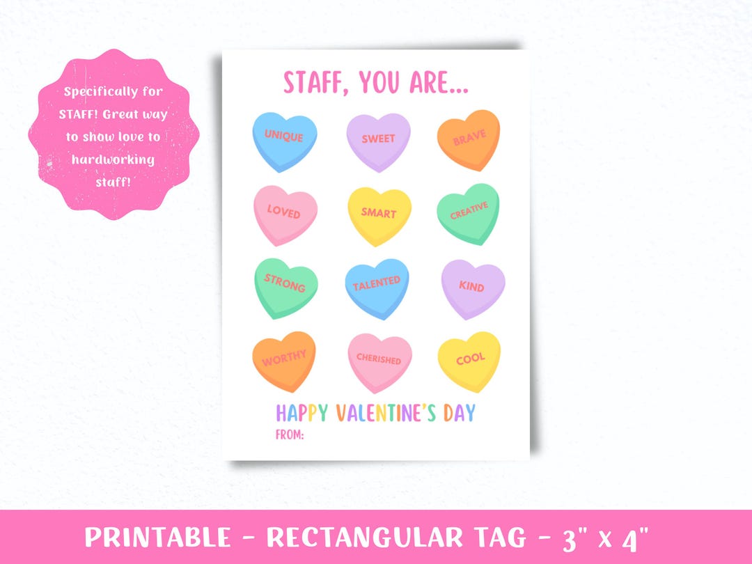 Printable Candy Hearts Valentine Tag, STAFF Valentine's Card, Valentine ...