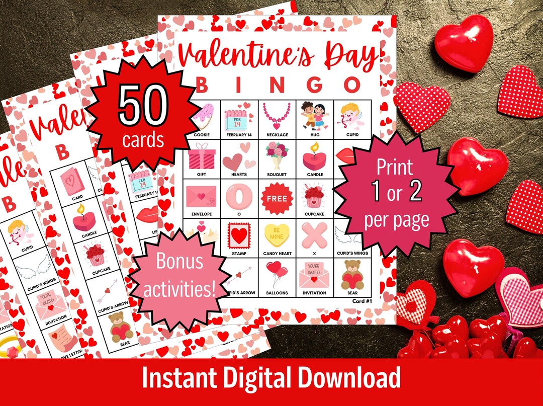 Valentine's Bingo, Valentine Bingo Cards, Valentine's Bingo Printable ...