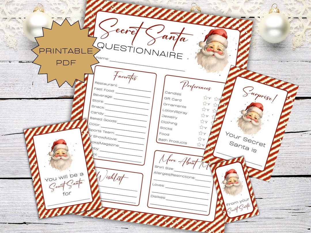 Secret Santa Questionnaire, Secret Santa Printable, Secret Santa Card ...