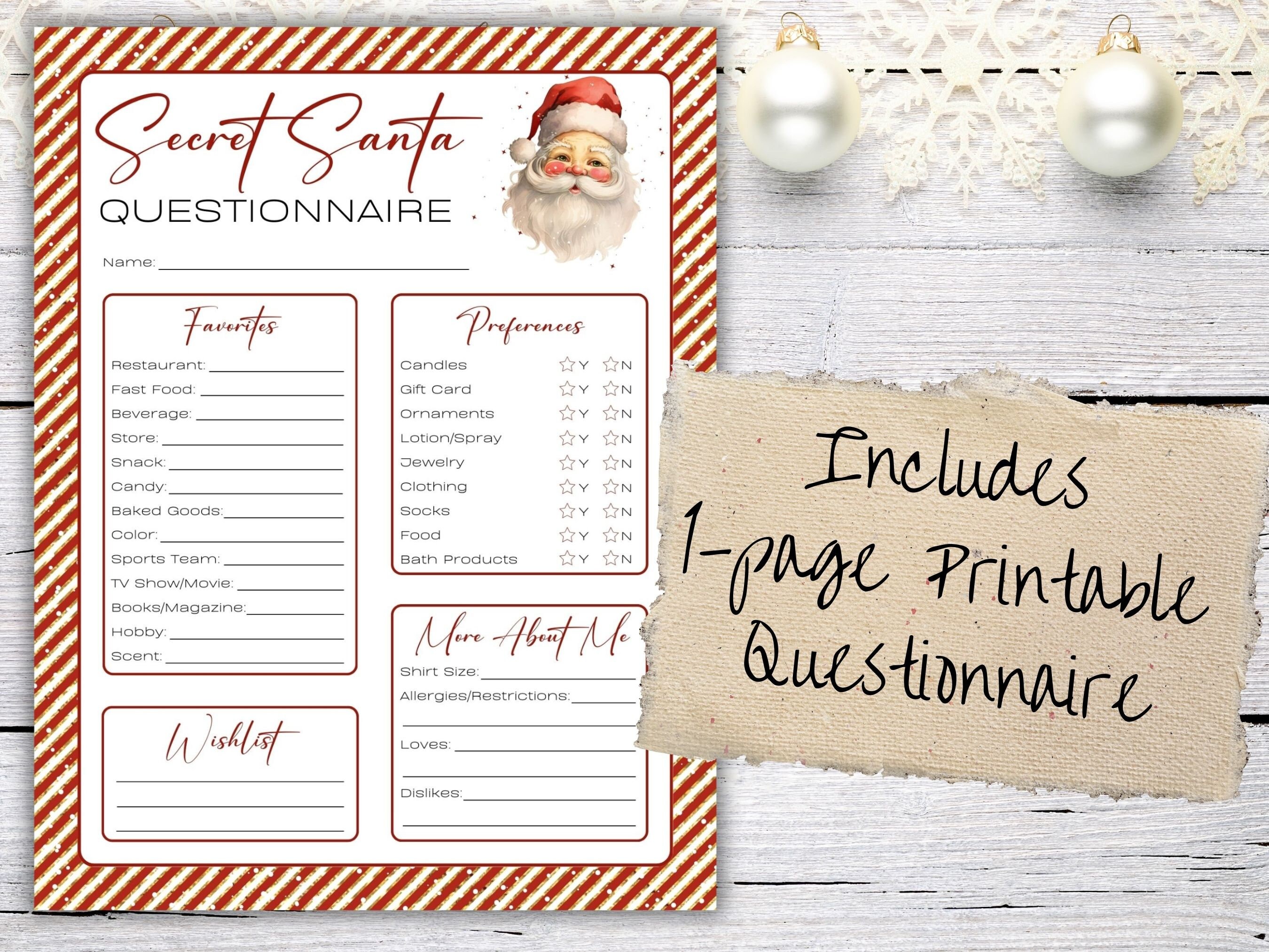 Secret Santa Questionnaire, Secret Santa Printable, Secret Santa Card ...