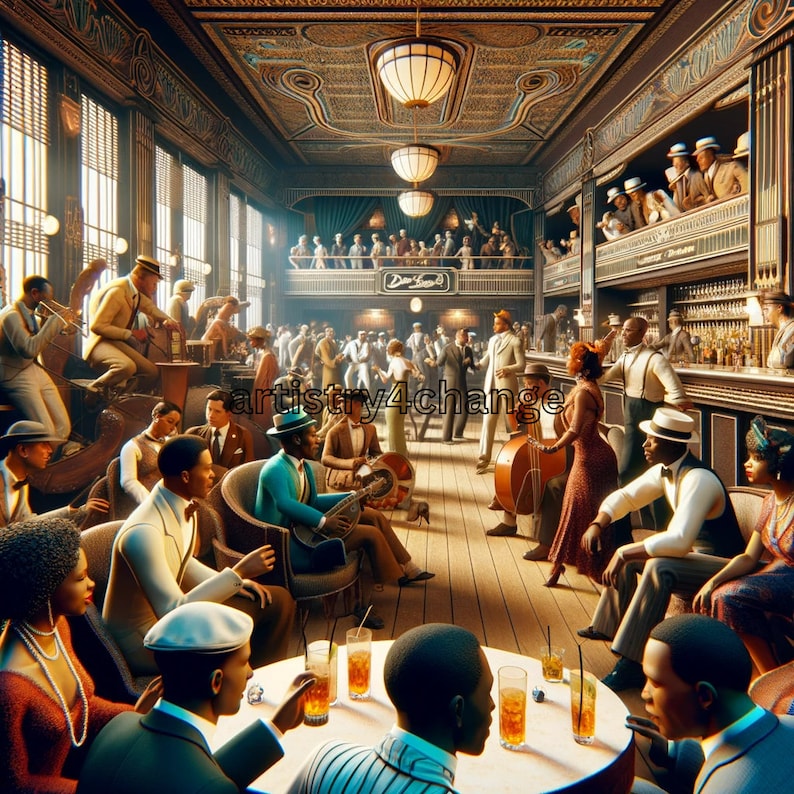 Harlem Speakeasy Scene, Jazz Night Art, 1920s Harlem, Lively Nightlife Art, Cultural Renaissance ...