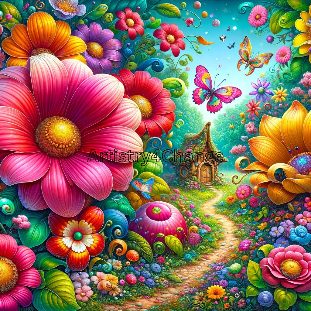 Whimsical Garden Art, Playful Fairy Scene, Vibrant Fantasy Illustration ...