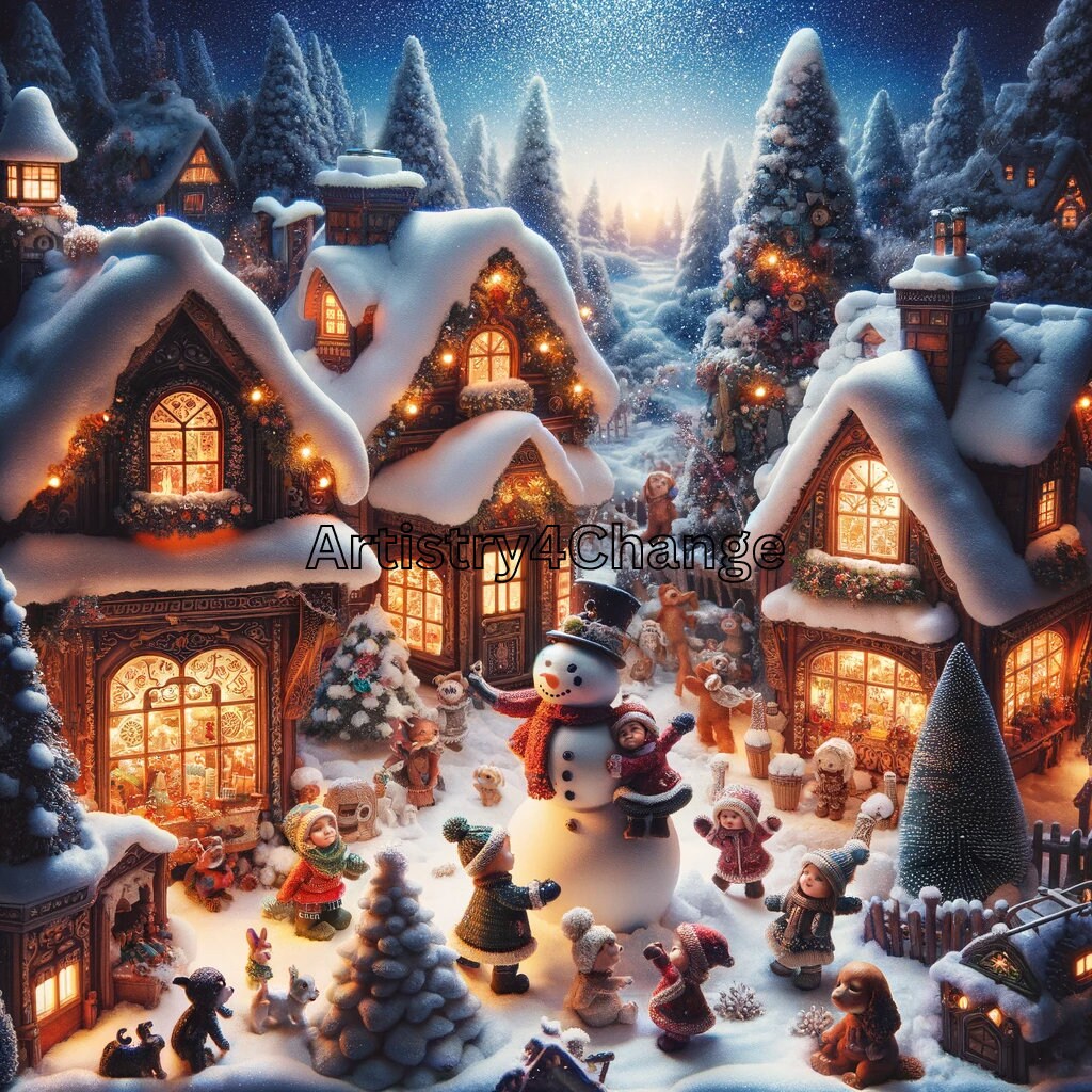 Winter Village Art, Holiday Season Illustration, Cozy Cottage Scene ...