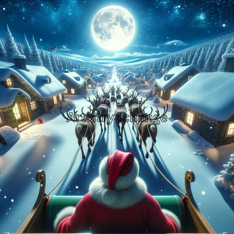 Santa Sleigh Ride Art, Christmas Eve Scene, Magical Holiday ...