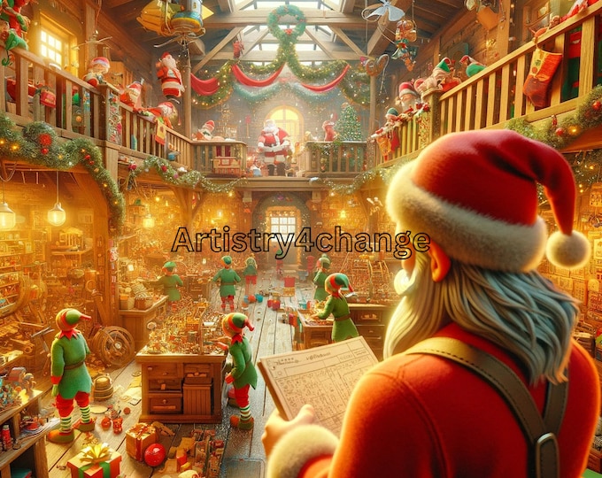 Santa's Workshop Art, Christmas Elves Illustration, Holiday Magic Decor ...