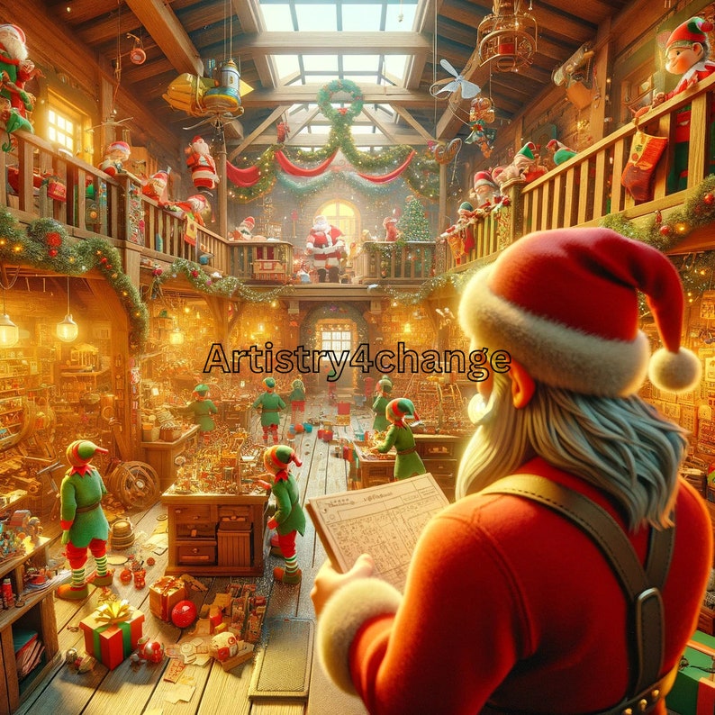 Santa's Workshop Art, Christmas Elves Illustration, Holiday Magic Decor ...