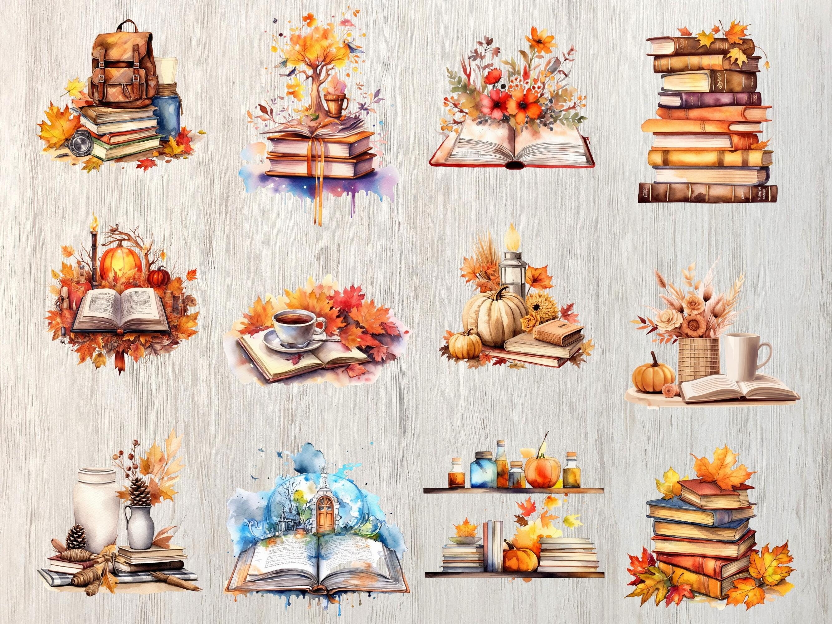 212 Autumn Book Clipart and Watercolor Images Bundle Books Graphics for ...