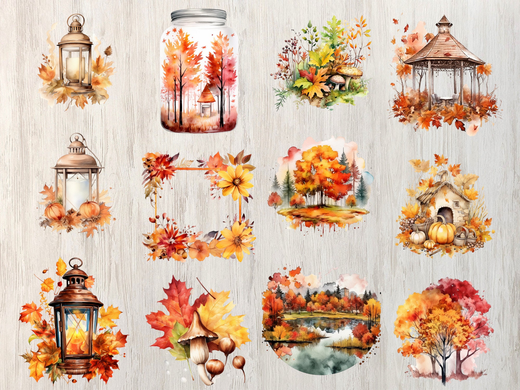 250 Autumn Element Clipart: Watercolor Fall Digital PNG Art,clipart ...