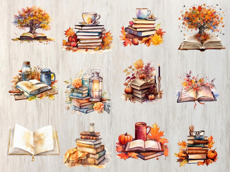 212 Autumn Book Clipart and Watercolor Images Bundle Books Graphics for ...