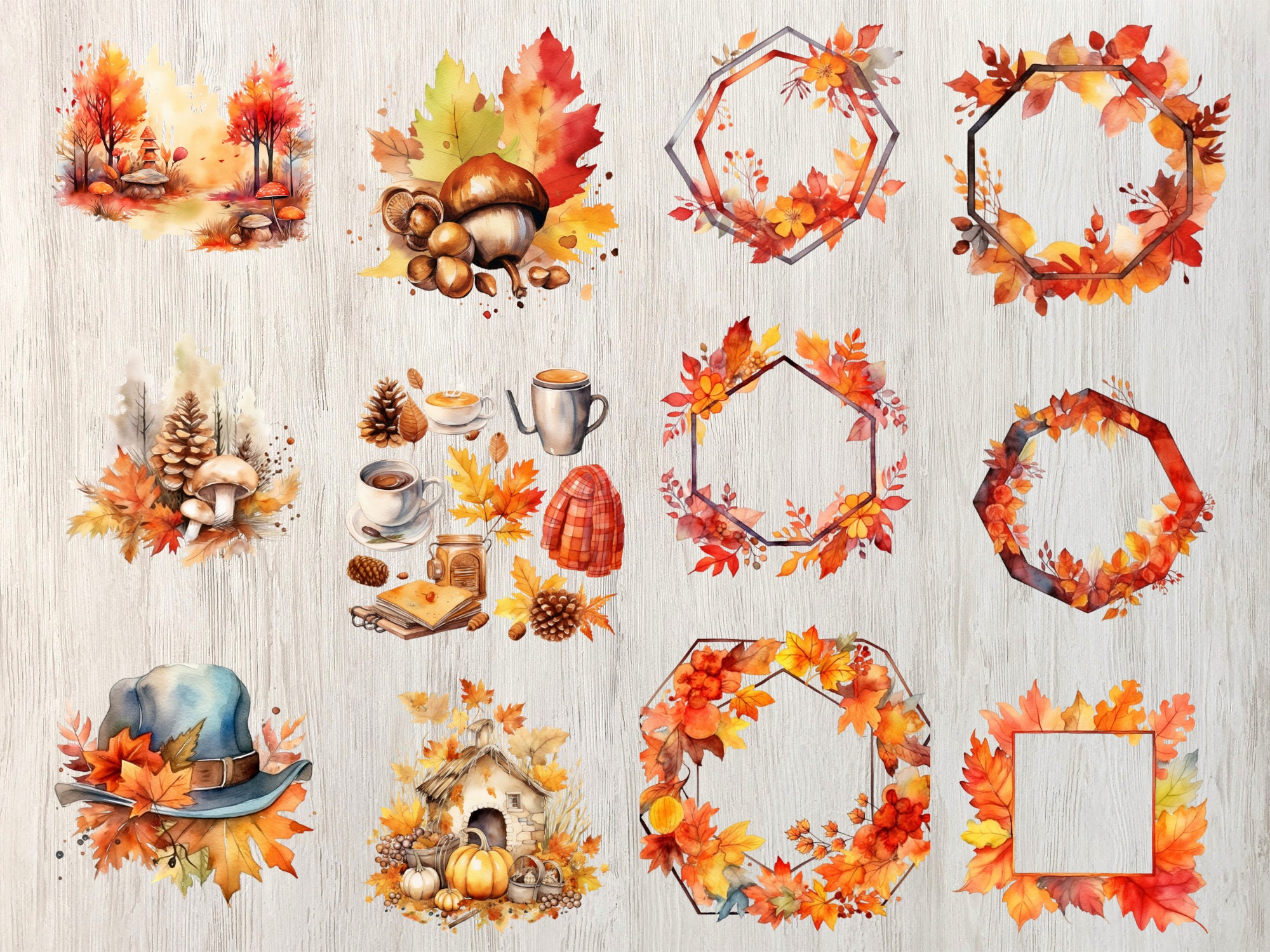 250 Autumn Element Clipart: Watercolor Fall Digital PNG Art,clipart ...