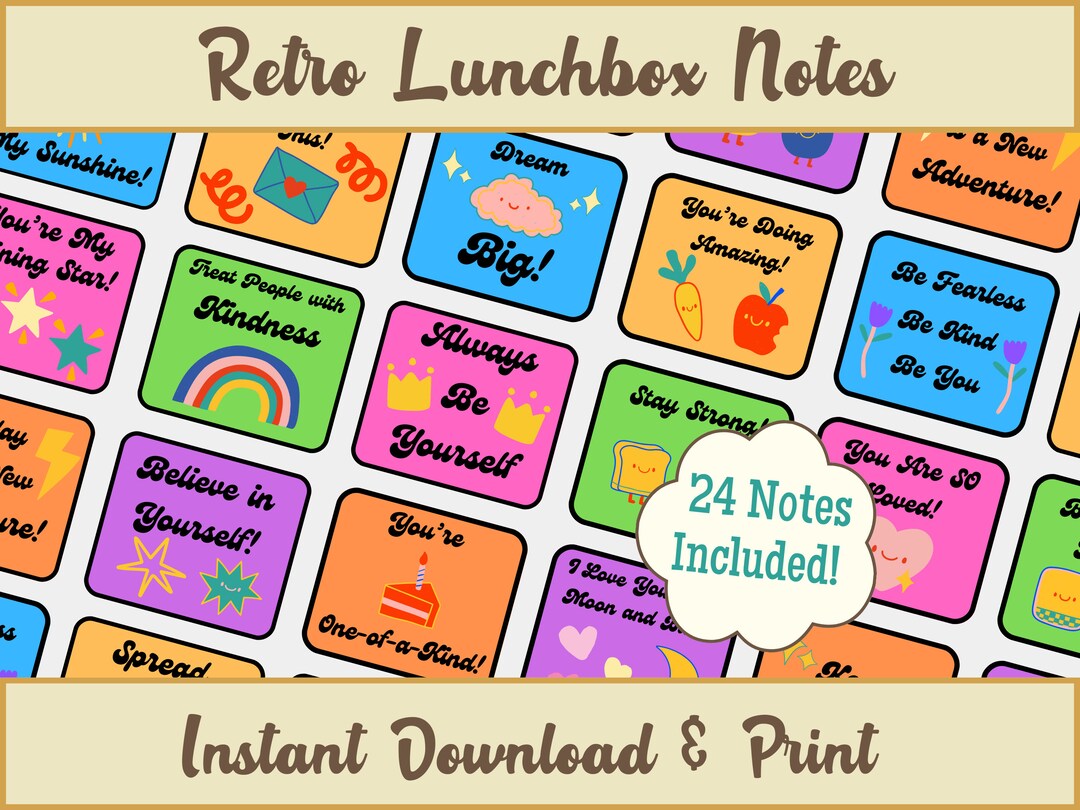 Retro Lunchbox Notes for Kids, Printable Digital Download, 24 Back to ...