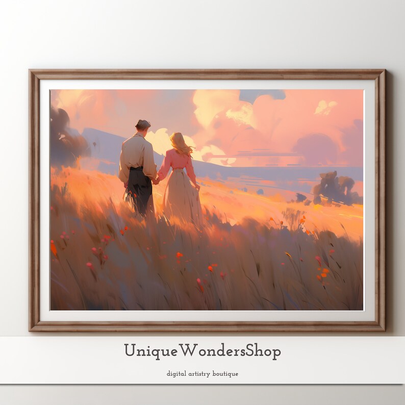 Digital Landscape Art Romantic Sunset Promenade Couple's Walk Through ...