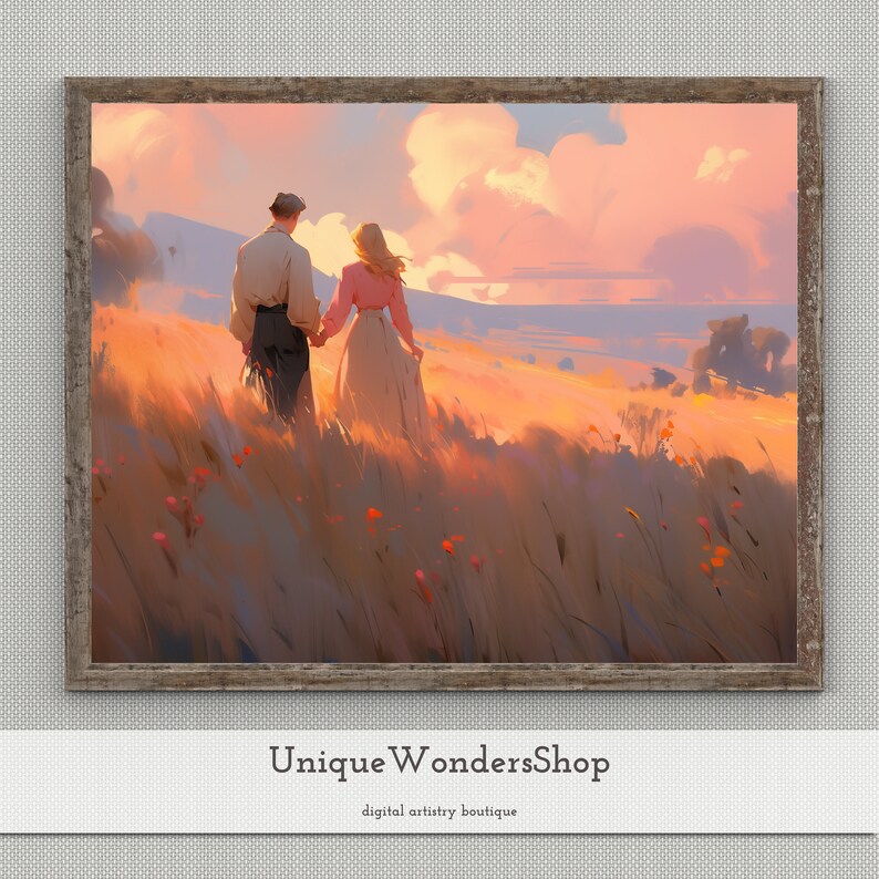 Digital Landscape Art Romantic Sunset Promenade Couple's Walk Through ...