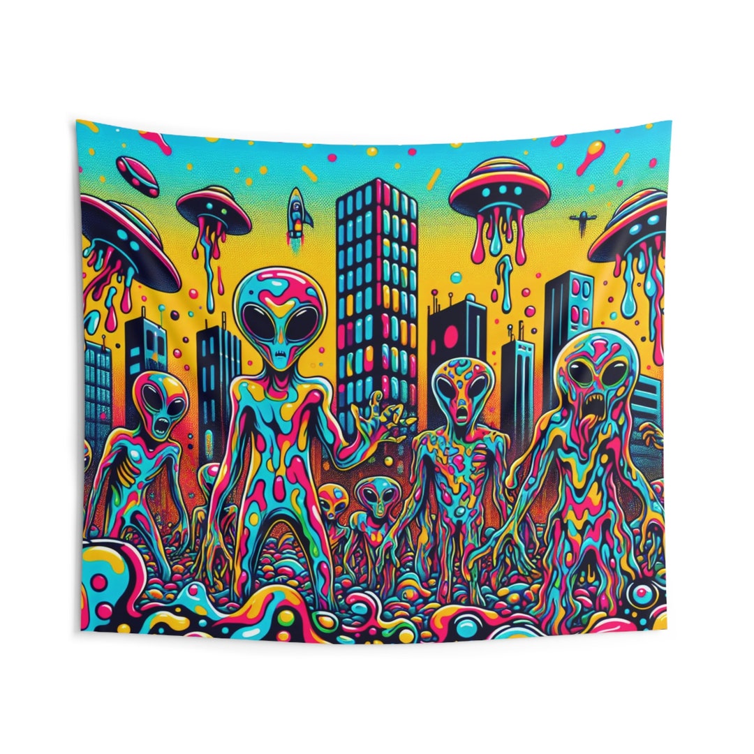 Trippy Alien Invasion Tapestry Ufos Drippy Colorful Camping Music ...