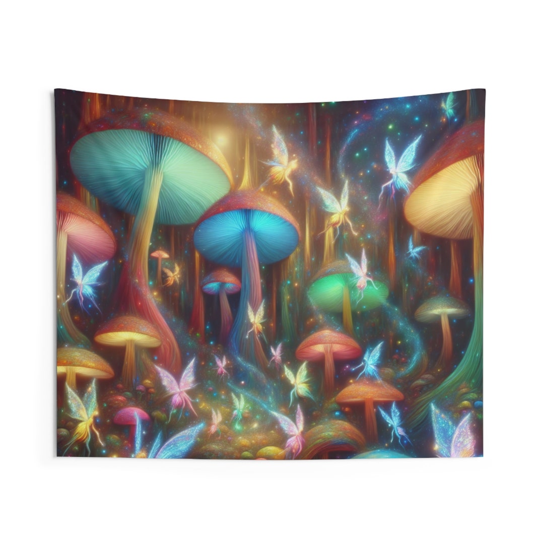 Mystical Fairies and Mushrooms Wall Tapestry Psychedelic Forest EDM ...