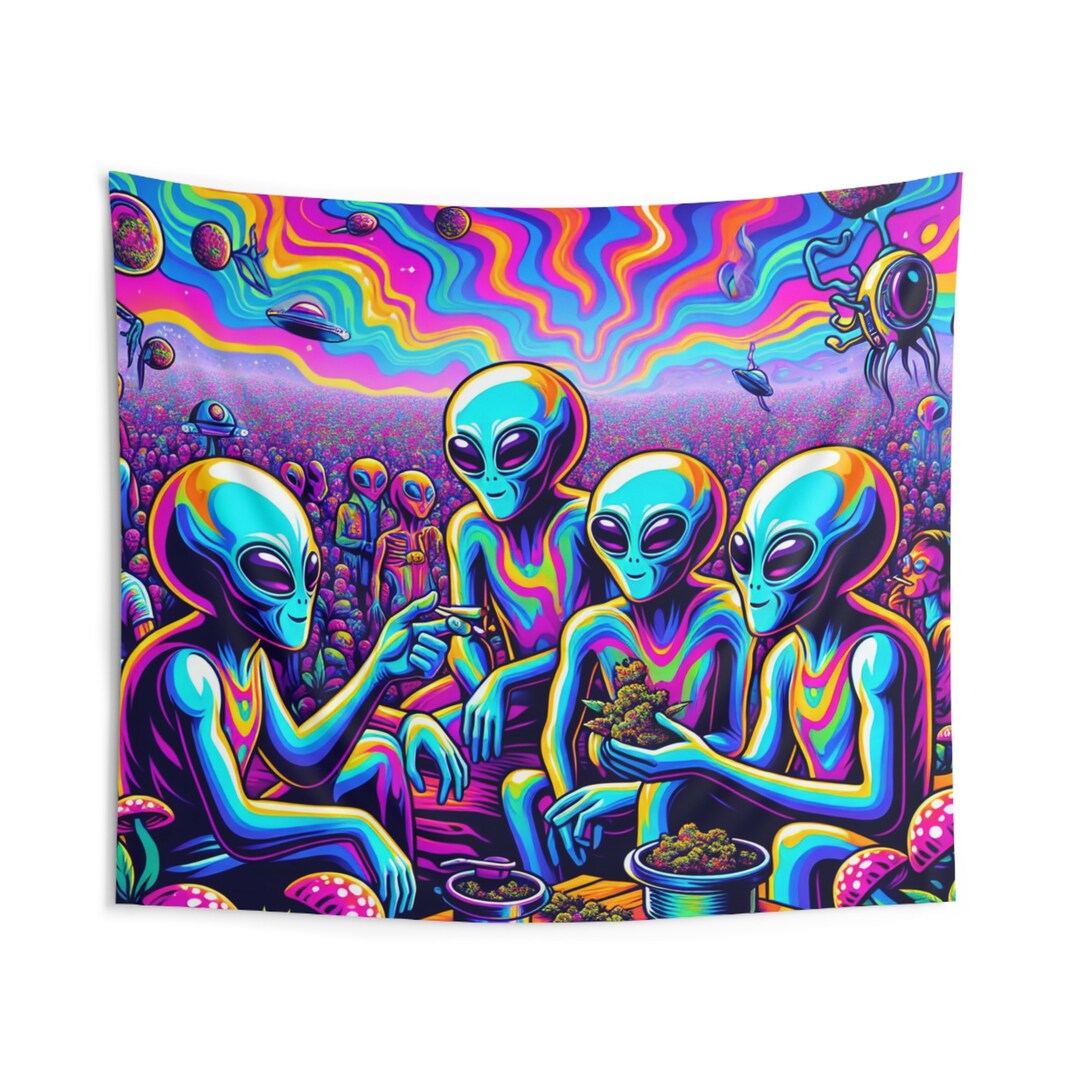 Psychedelic Aliens Smoking Weed Tapestry Music Festival Flag Bonnaroo ...