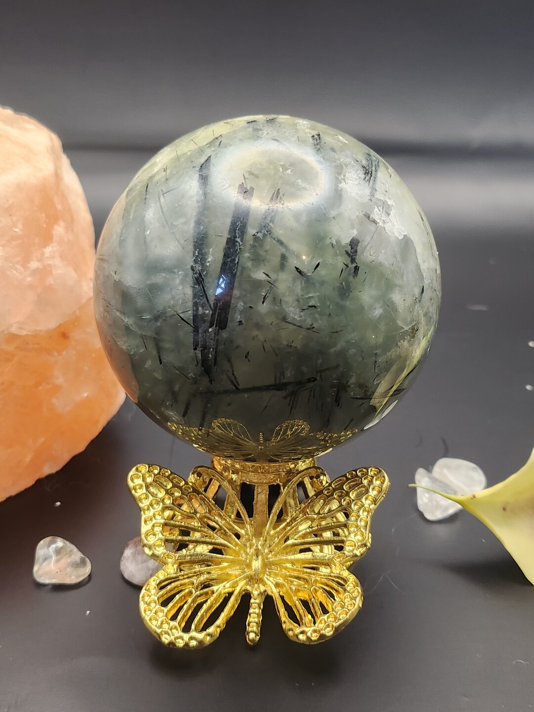 Prehnite Sphere With Black Tourmaline Needle Inclusions, Gemstone ...