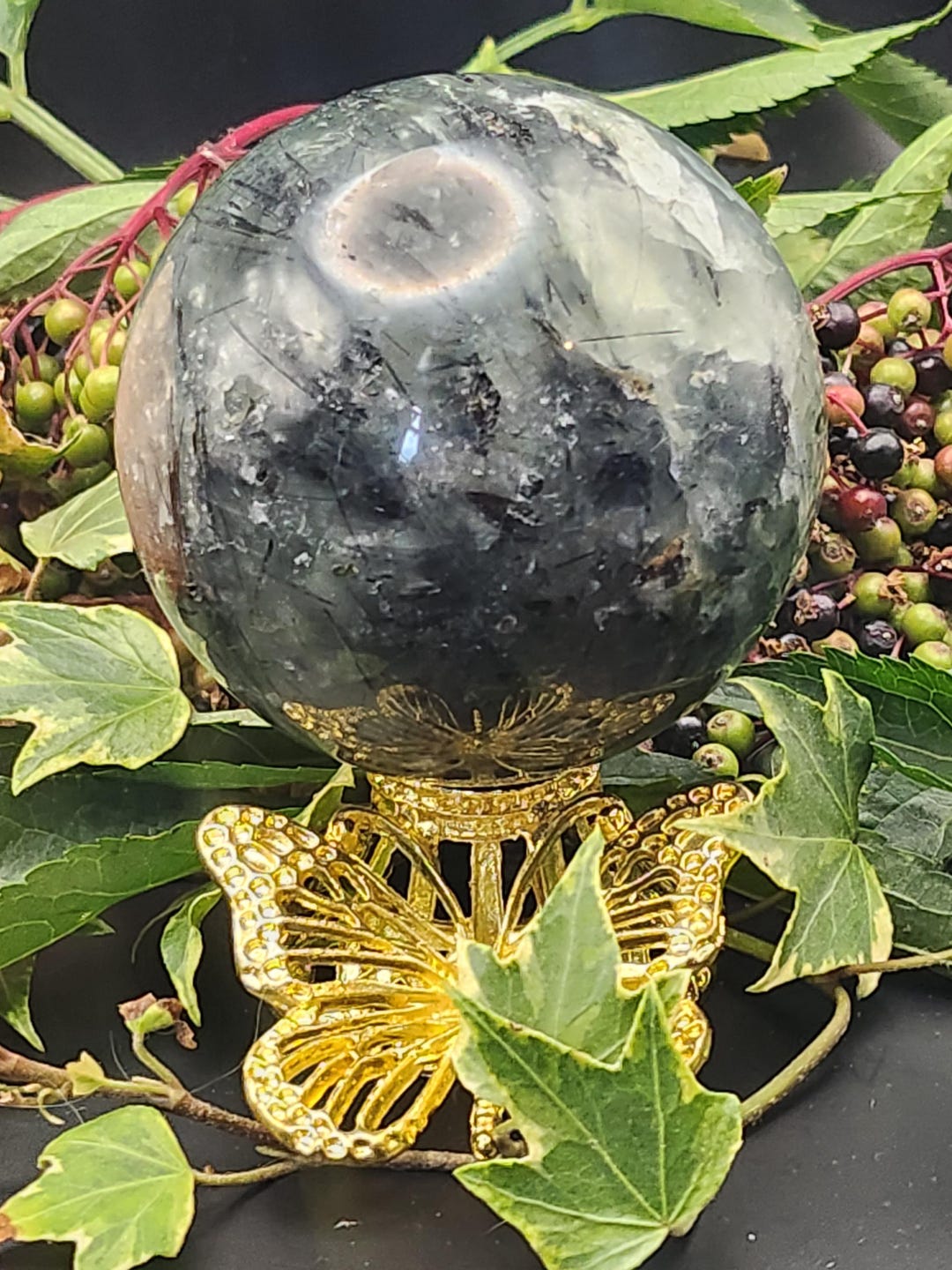 Prehnite Sphere With Black Tourmaline Needle Inclusions, Gemstone ...