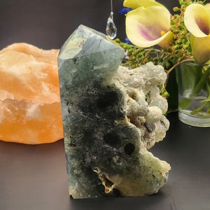 Prehnite Tower With Green Epidote, Black Tourmaline, Gemstone Tower ...