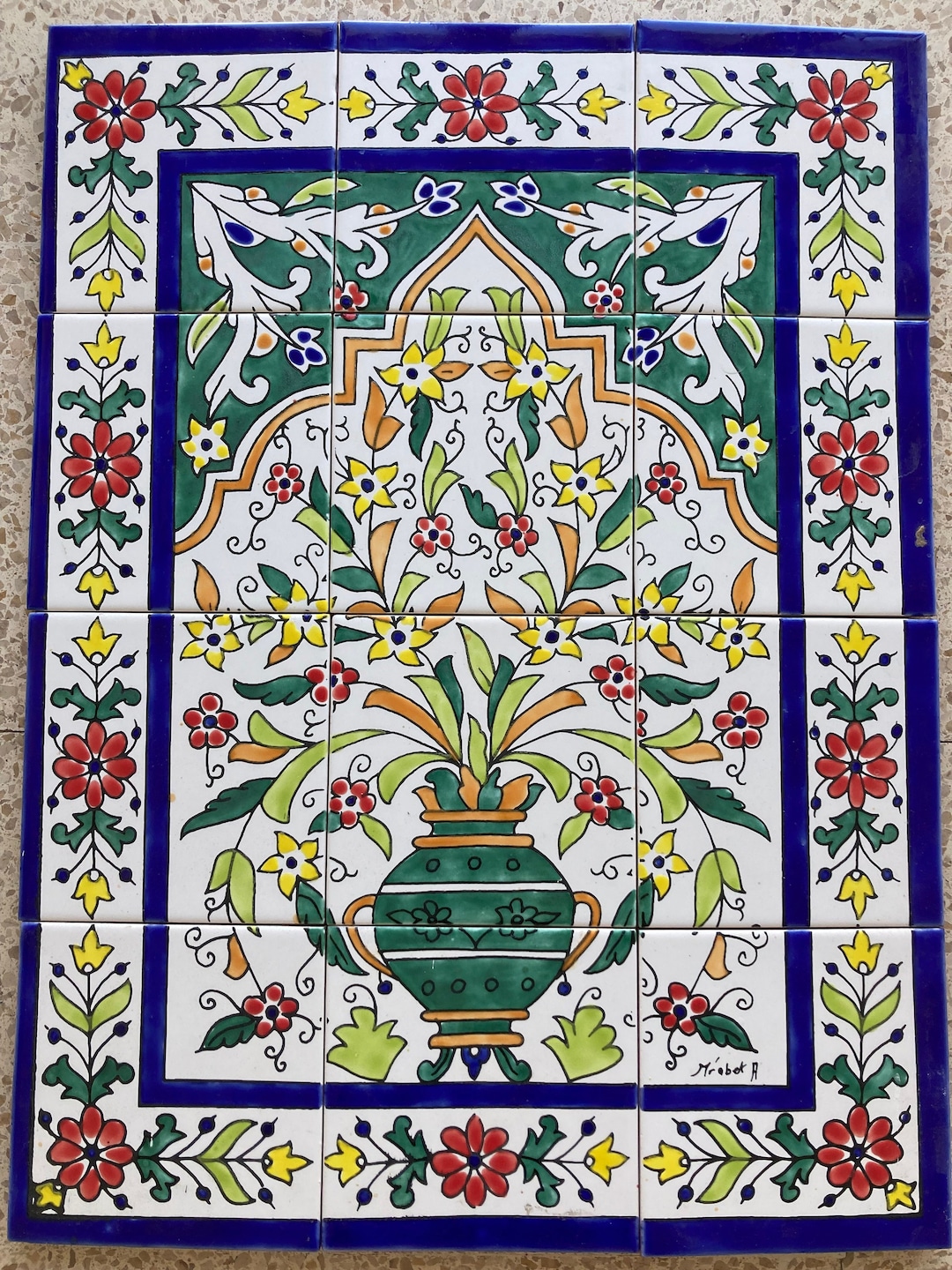 Floral Vase, Ceramic Tile Mural Backsplash, Handpainted Mosaic Wall Art ...